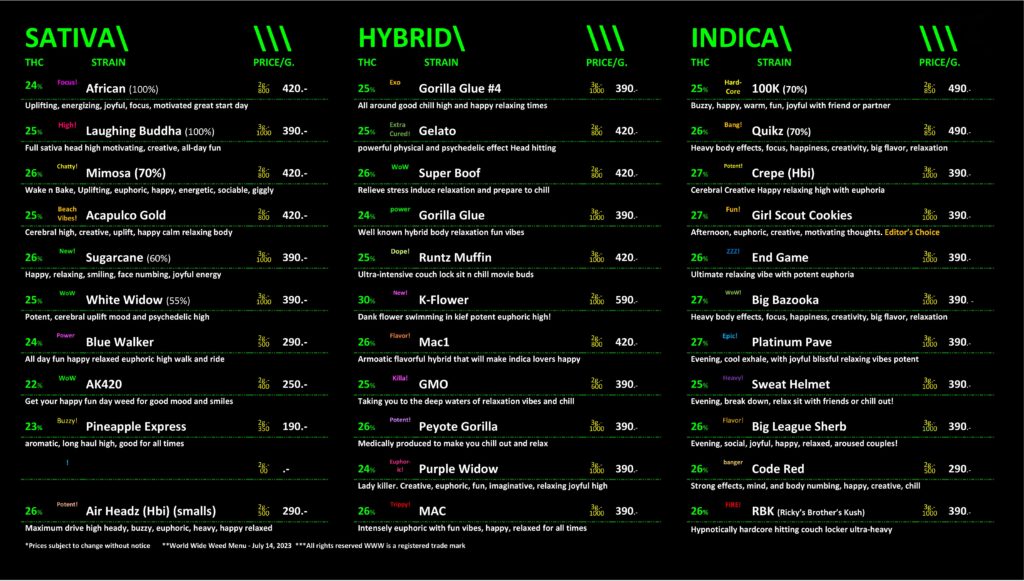 World Wide Weed Pattaya Thailand Menu - World Wide Weed Pattaya Thailand