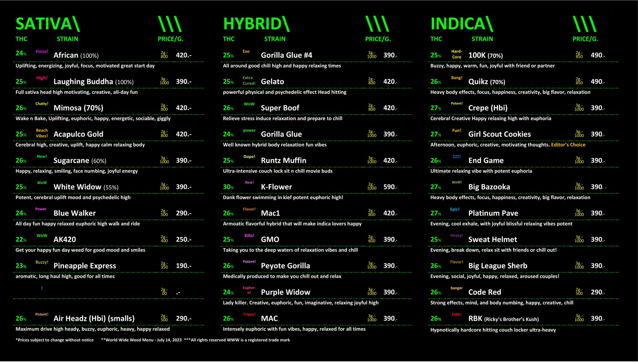 World Wide Weed Pattaya Thailand Menu - World Wide Weed Pattaya Thailand