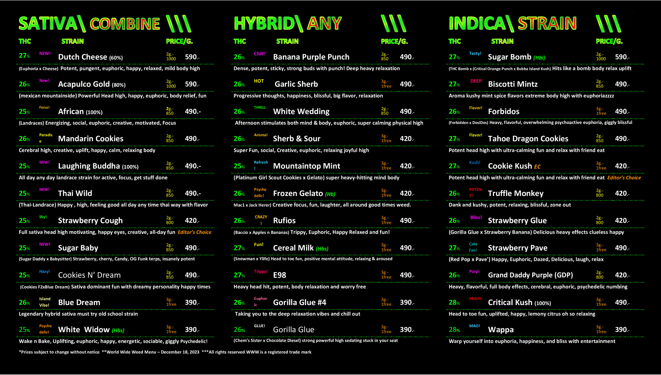 World Wide Weed Pattaya Thailand Menu - World Wide Weed Thailand